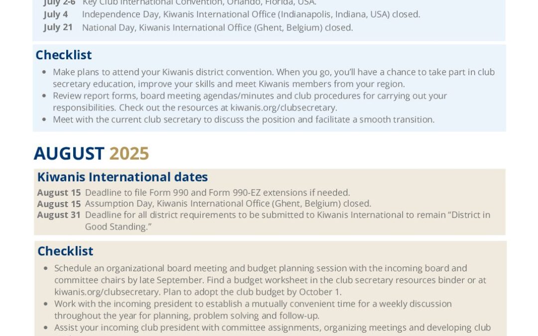 2025-26 Club Secretary Annual Checklist | Kiwanis International